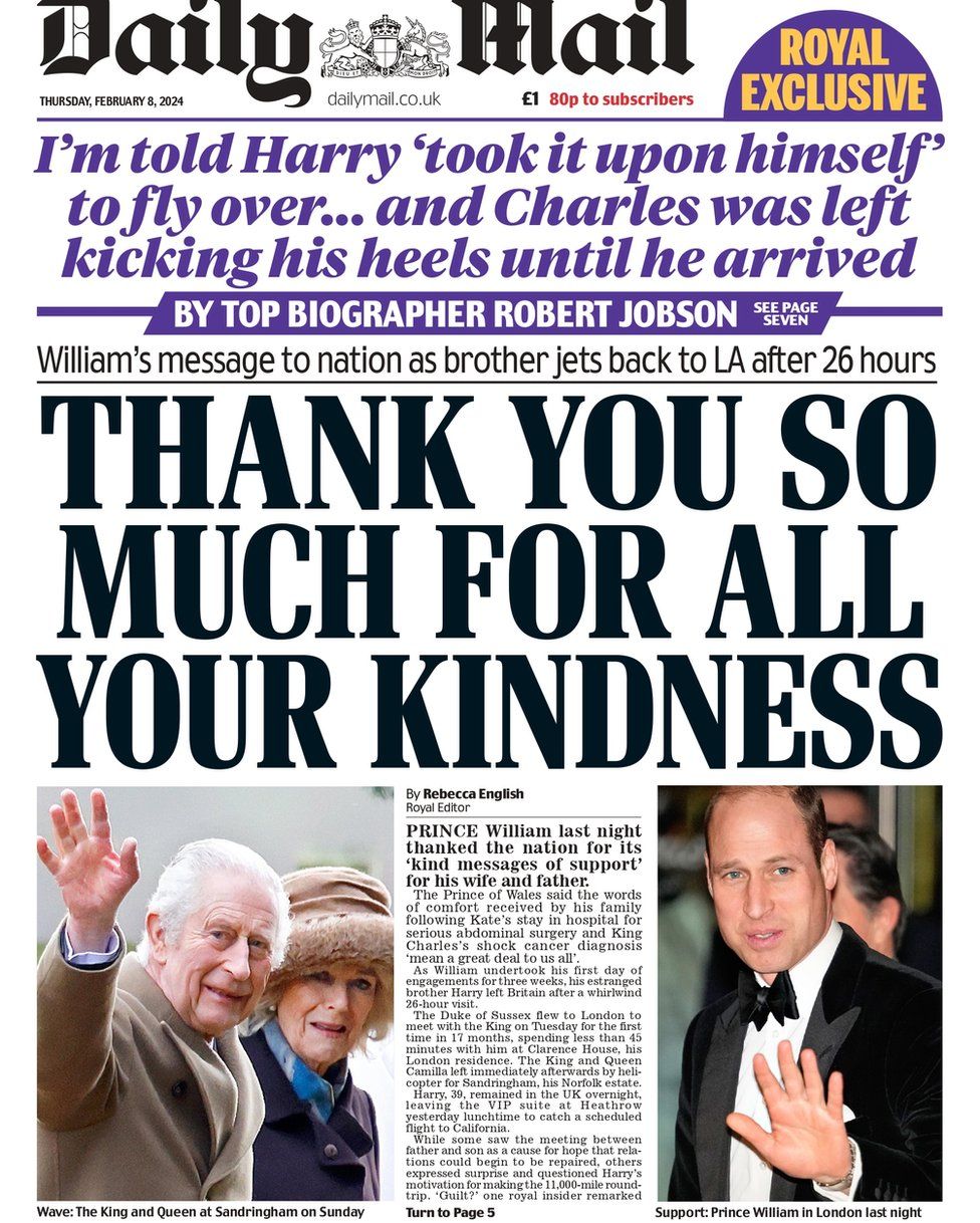 Newspaper headlines: Prince William 'gives thanks' and 'tone-deaf ...