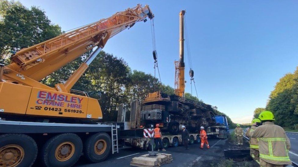 A64 Tadcaster: Crane fire closes road eastbound overnight - BBC News