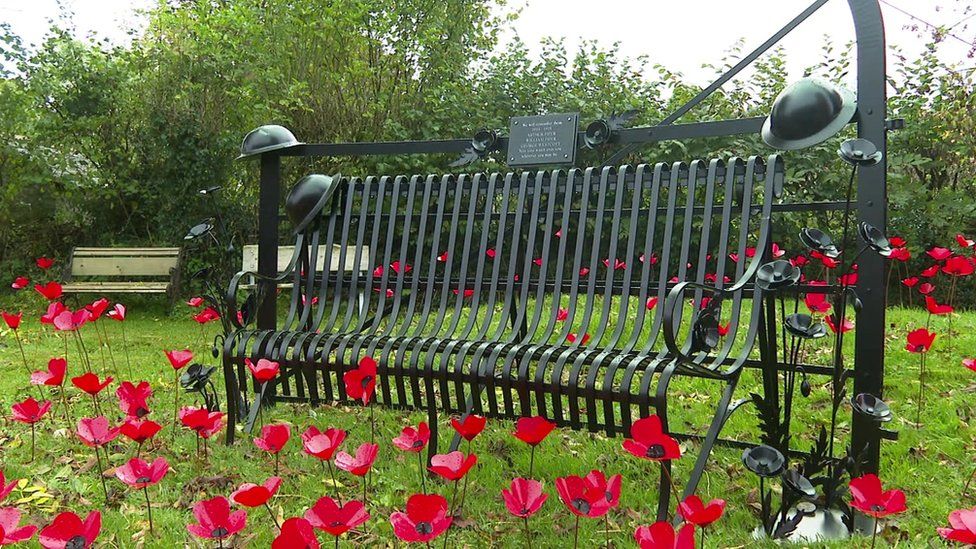 Dowland poppy cascade in memory of three WW1 soldiers - BBC News