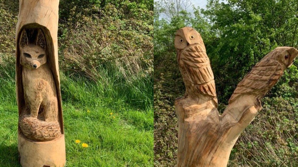 Whitwell: Tree stump transformed into woodland sculpture - BBC News