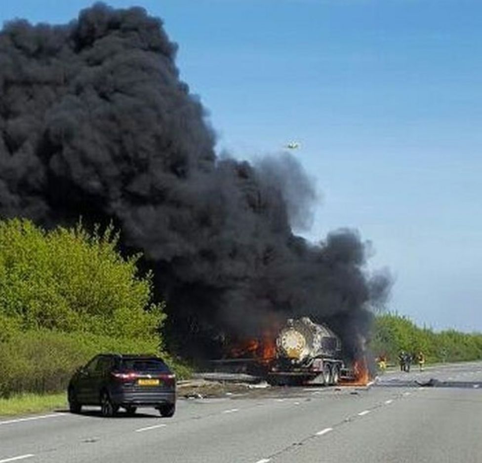 Fire engine battling A50 fire catches fire - BBC News