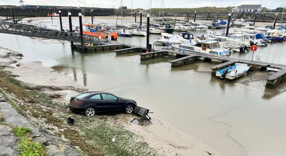 Burry Port: Pair rescued after car crashes into harbour - BBC News