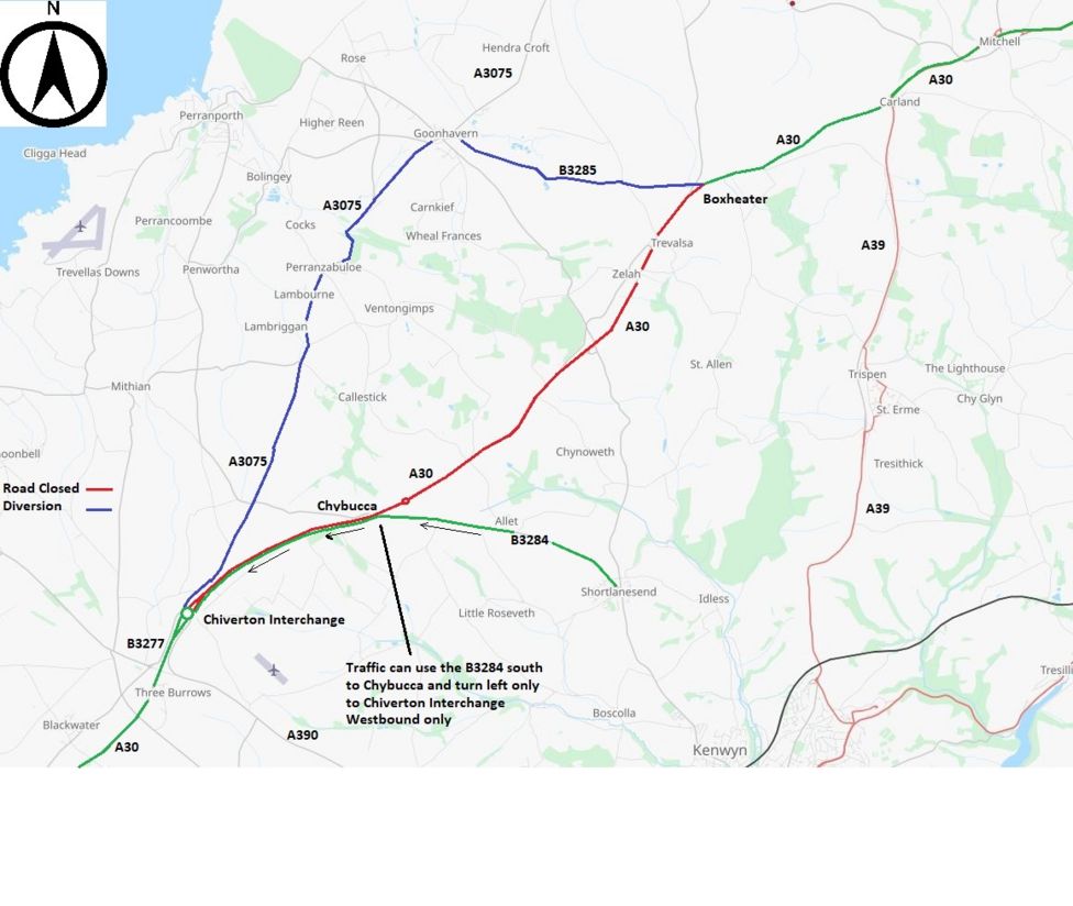 A30 closed at Chybucca and Boxheater for two nights - BBC News