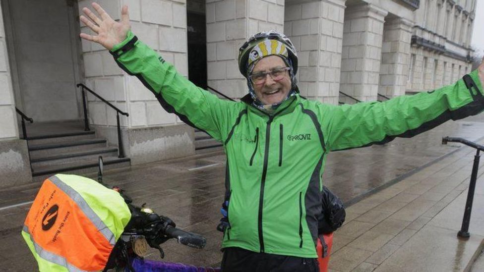 Timmy Mallett finishes UK and Ireland cycle in Donegal - BBC News