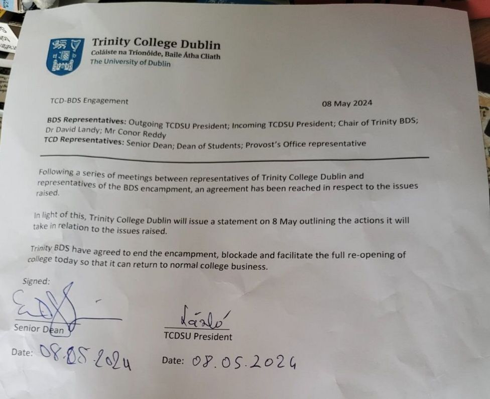 Dublin: Trinity College Dublin protest camp to end - BBC News