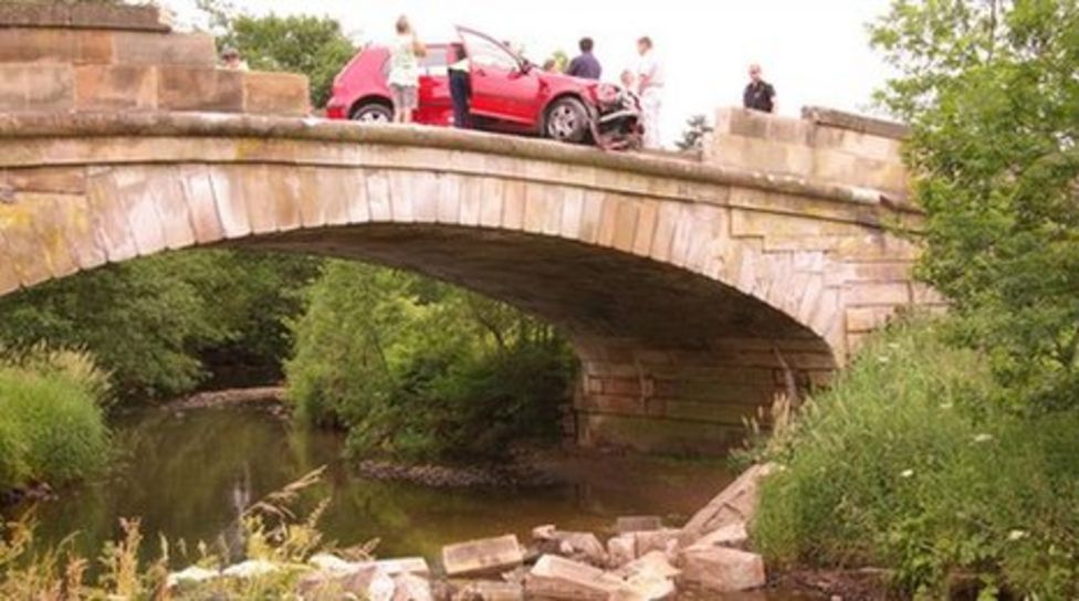 Crash leaves car hanging off bridge in Staffordshire - BBC News