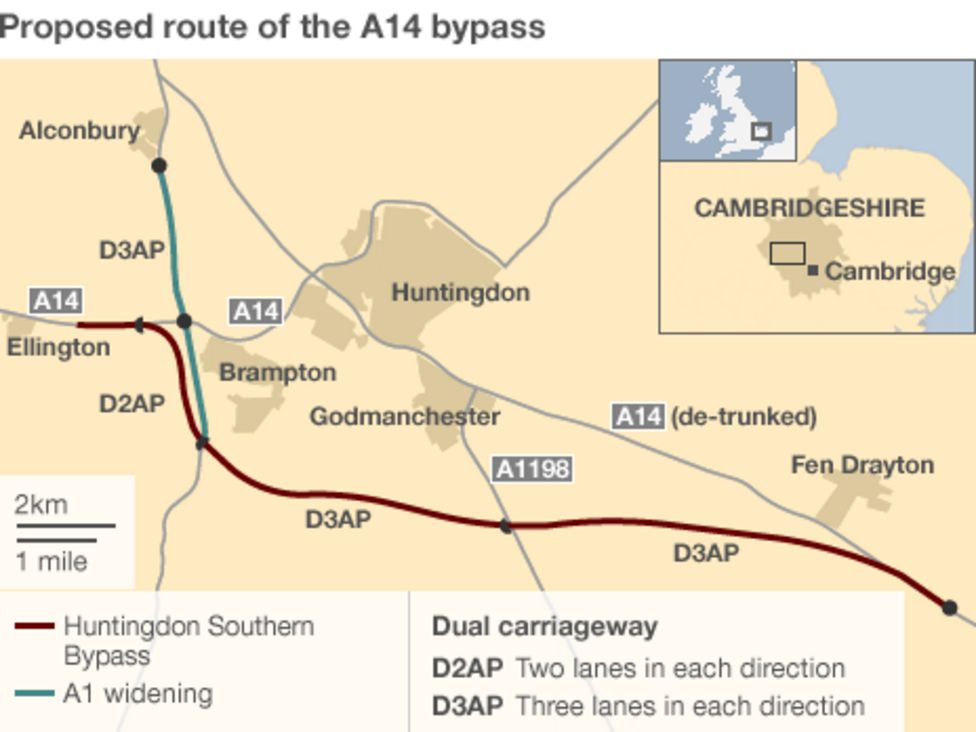 A14 toll road between Huntingdon and Cambridge outlined - BBC News