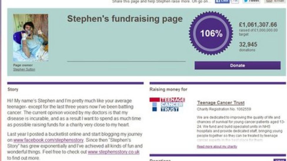 Stephen Sutton reaches £1m cancer charity target - BBC News