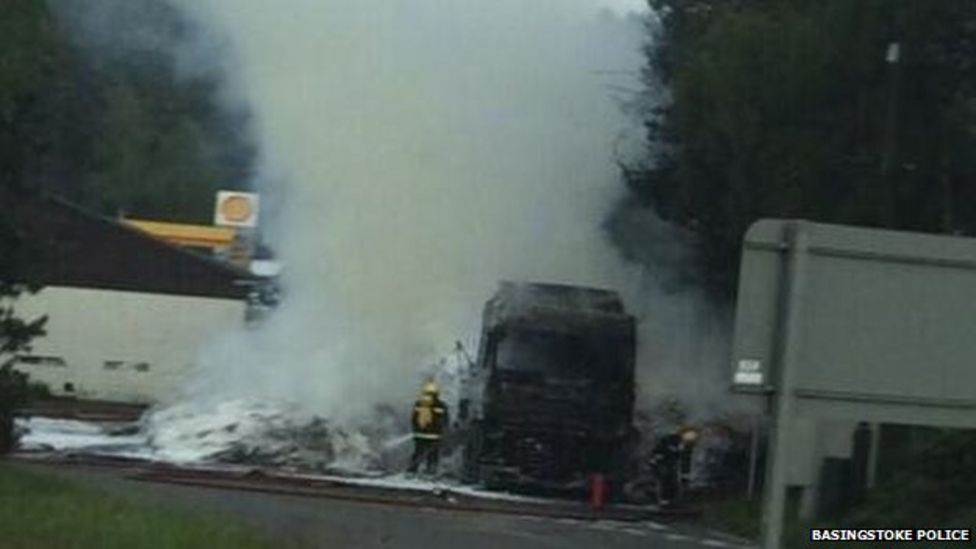 Blaze at M3 Fleet service station as lorry catches fire - BBC News