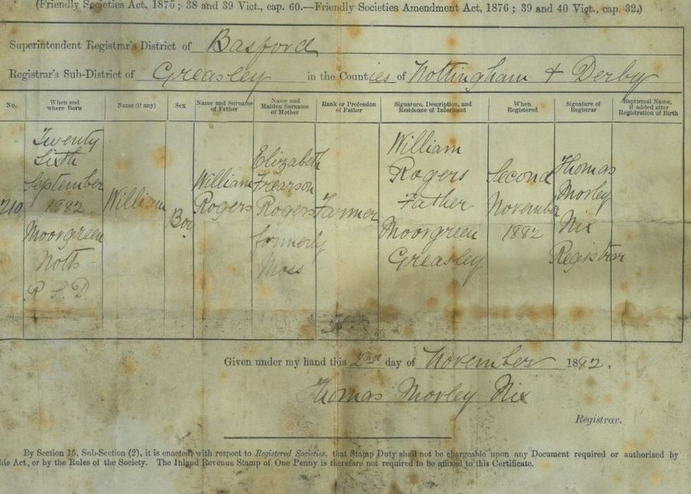 Birth certificate from 1882 found in Nottingham chimney - BBC News