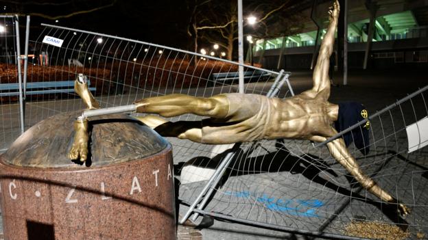 Zlatan Ibrahimovic statue sawn off at ankles and toppled in Malmo - BBC ...
