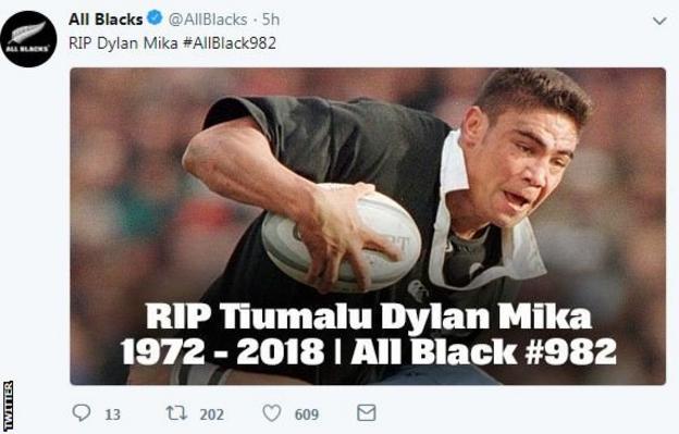 Dylan Mika: Former New Zealand international dies suddenly at 45 - BBC ...